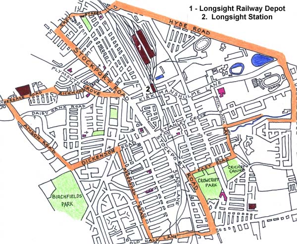 Location of Longsight Station and Railway Depot